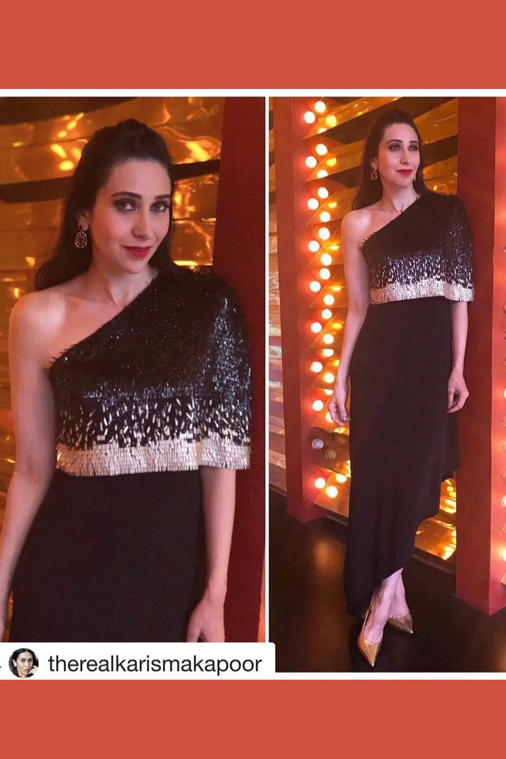Karishma Kapoor in Black and Gold Asymmetric NJ Signature Sequin Embel – Namrata Joshipura Online